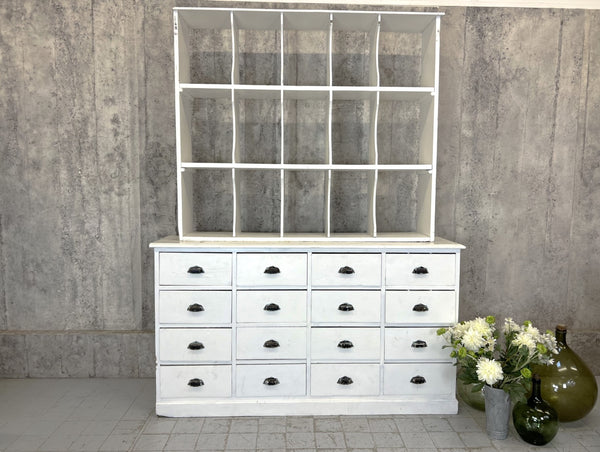 White Pharmacy Dresser with a Drawer Base and a Freestanding Pigeon Ho Vintage French